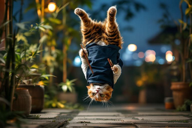 Cat doing a handstand in urban setting wearing casual clothes